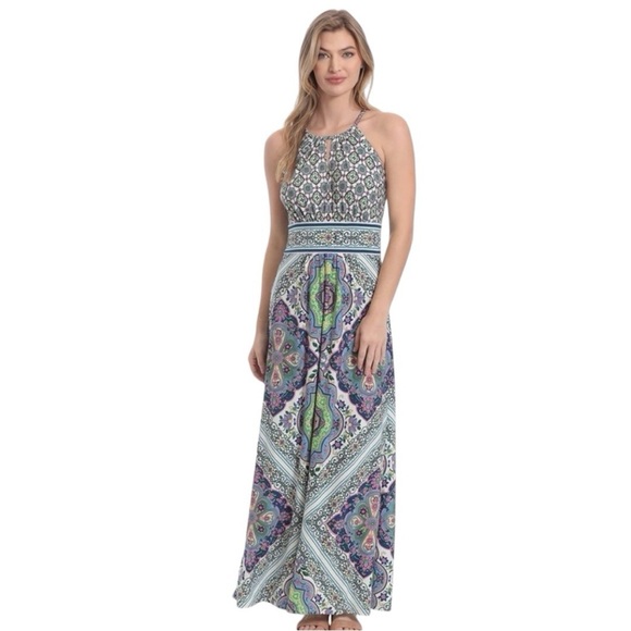 London Style | Dresses | Nwt Batik Print Maxi Dress Halter Blue Green ...